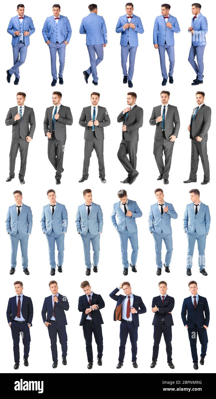 Collage with young handsome men in different elegant suits posing on ...
