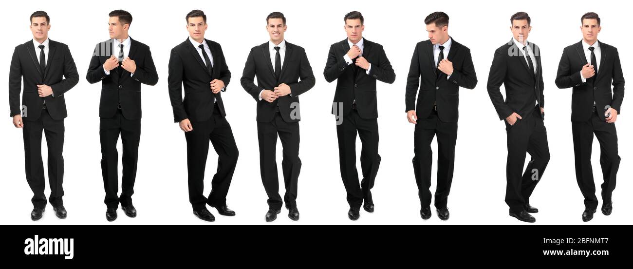 Collage with young handsome man in elegant suit posing on white ...