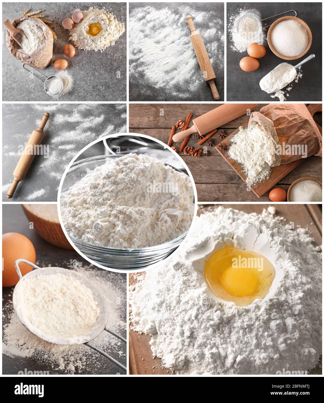 Collage with cooking utensils, flour and other ingredients for bakery ...