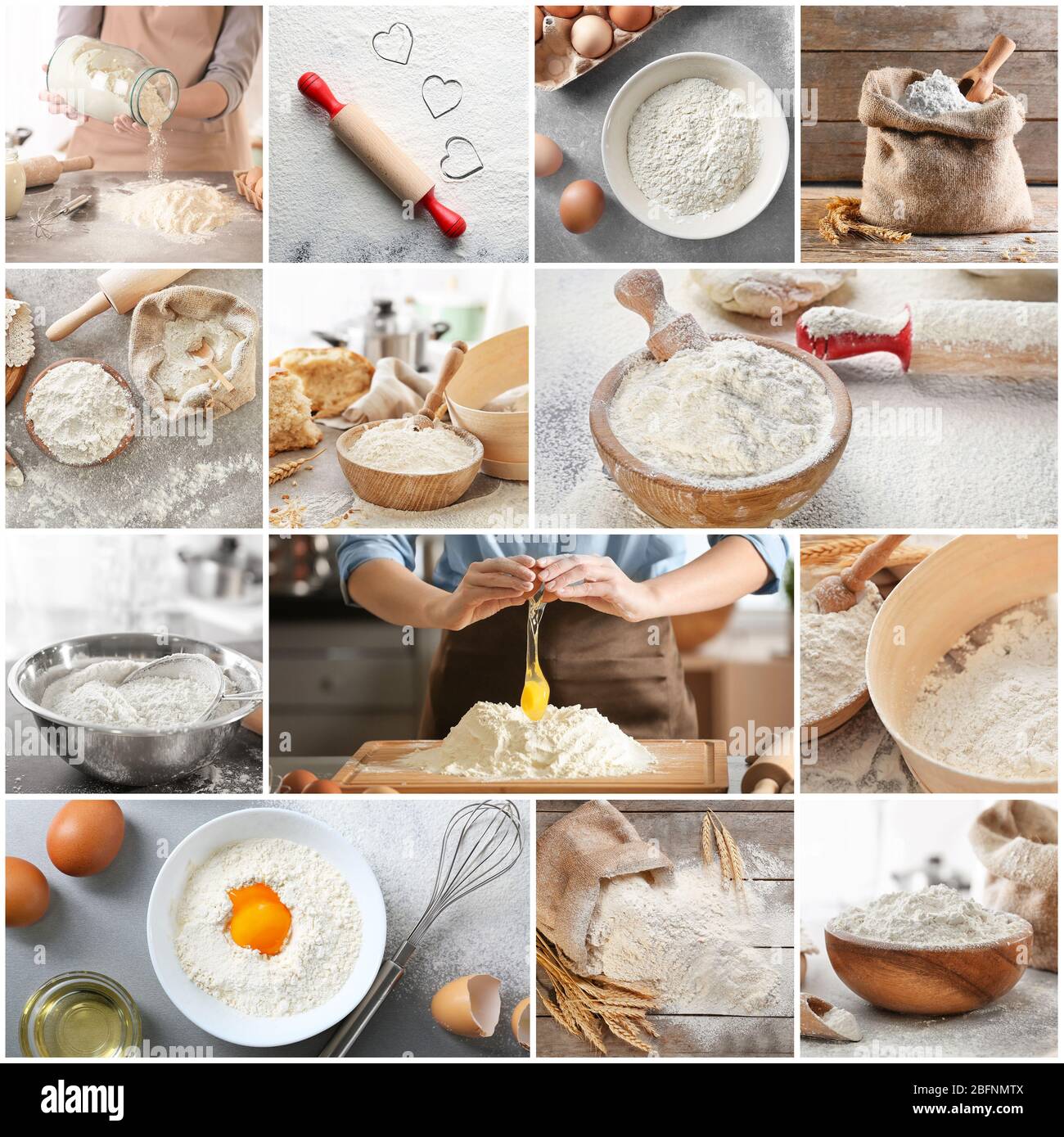 Collage with cooking utensils, flour and baker Stock Photo - Alamy
