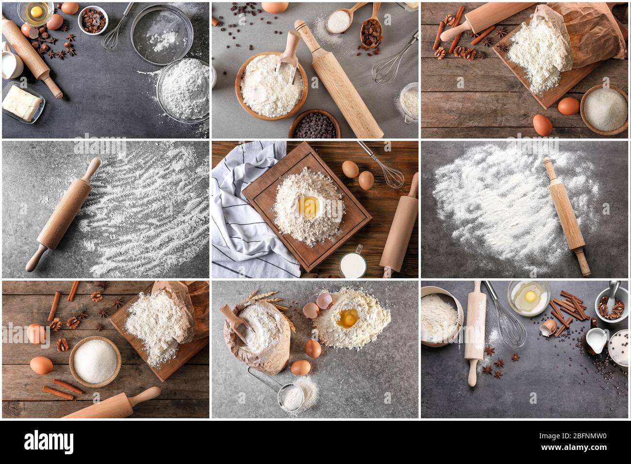 Collage with cooking utensils, flour and other ingredients for bakery ...
