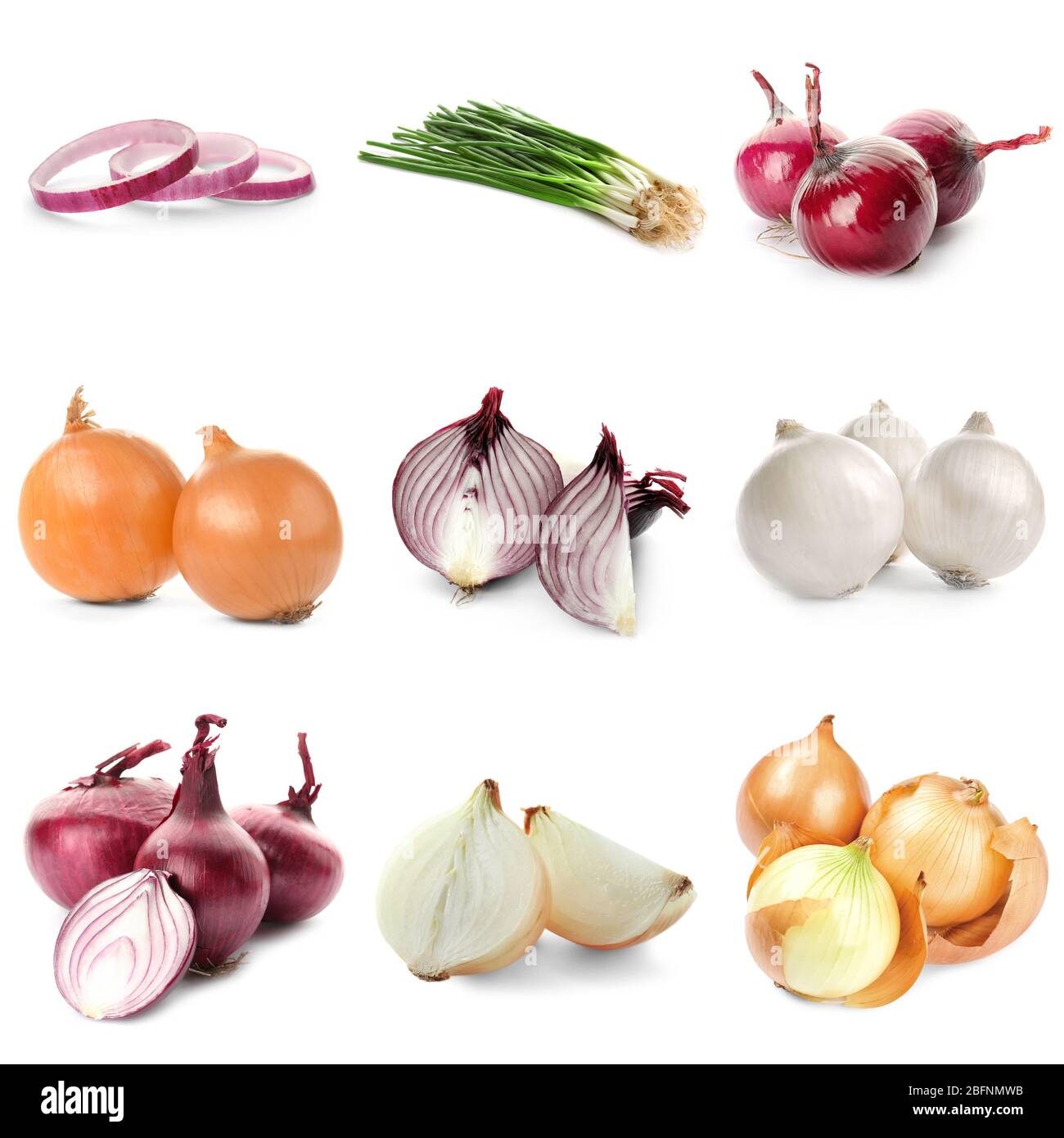 Collage with different kinds of onion on white background Stock Photo ...