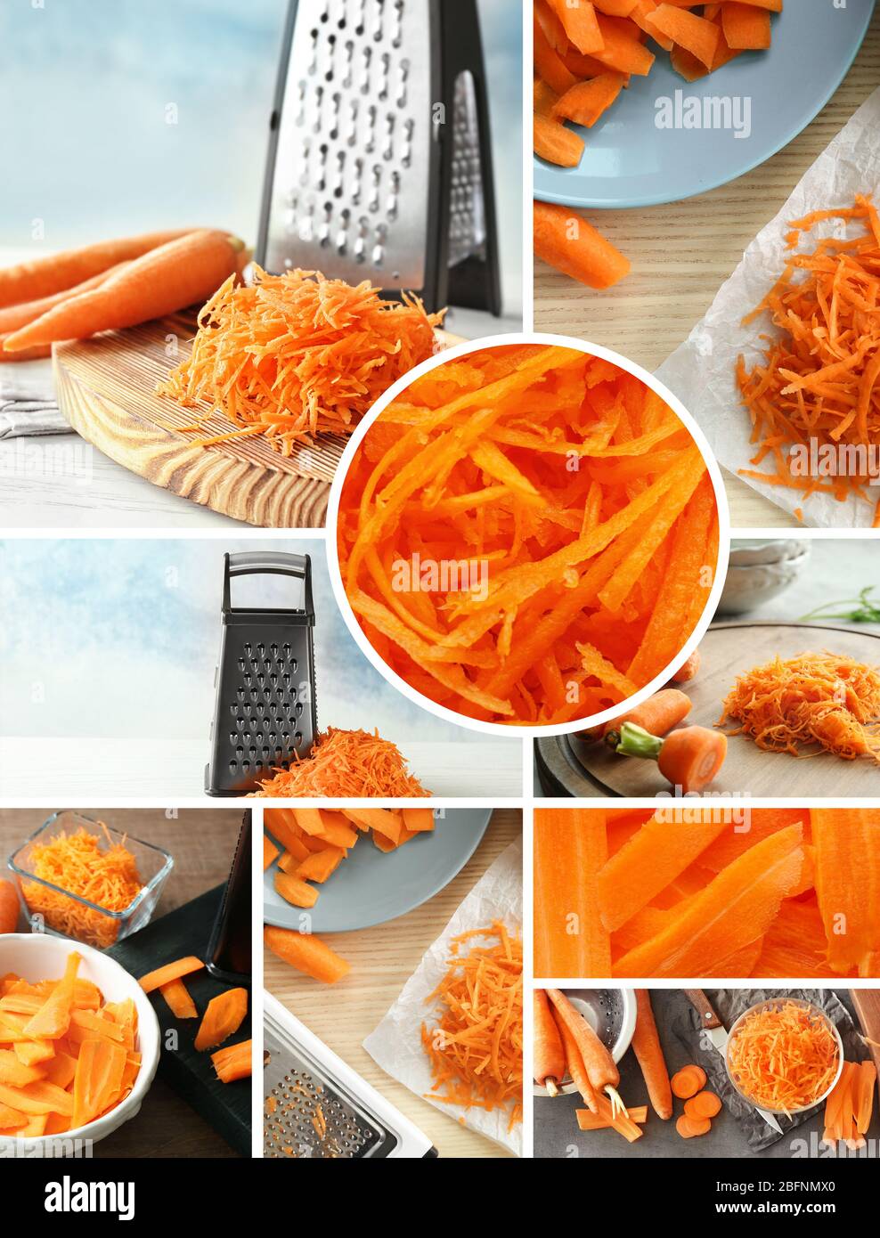Collage with fresh grated carrot Stock Photo - Alamy