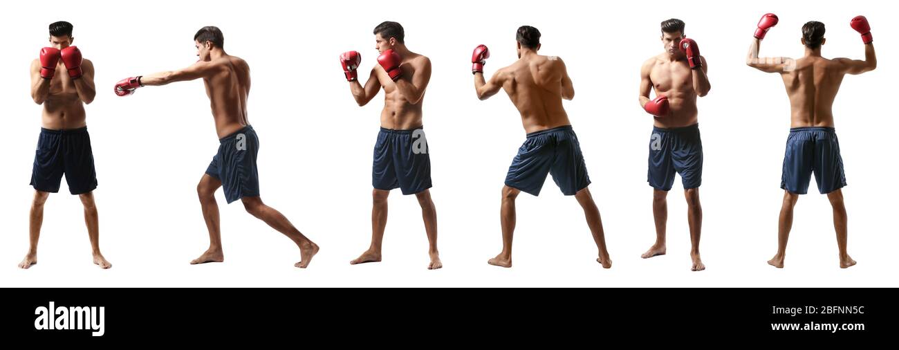 Set of young man with boxing gloves training on white background Stock ...