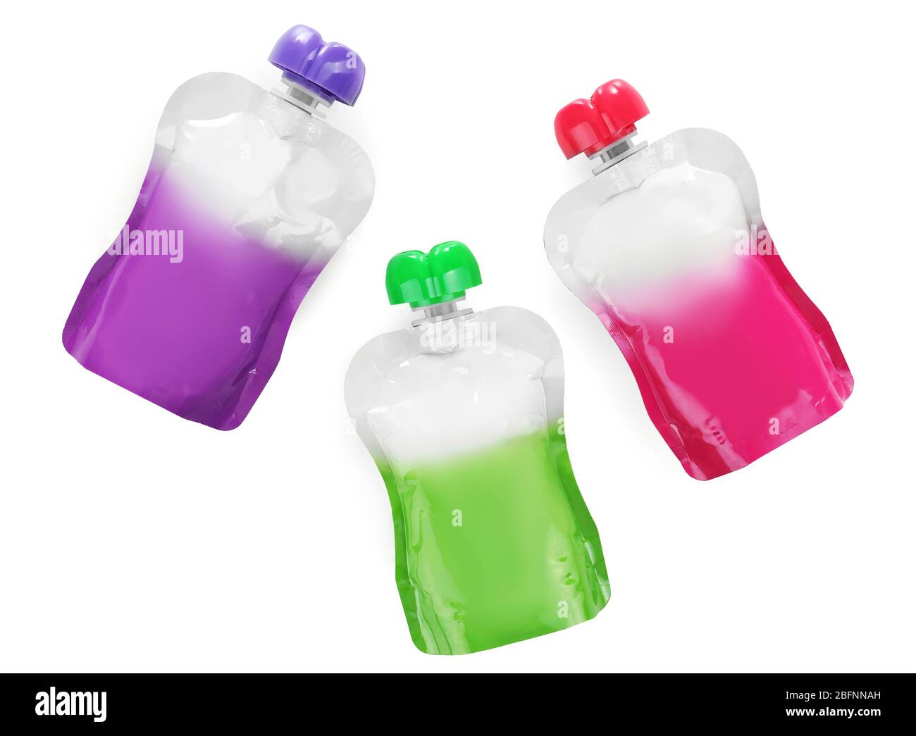 Pouches of baby food on white background. Mockup for design Stock Photo ...
