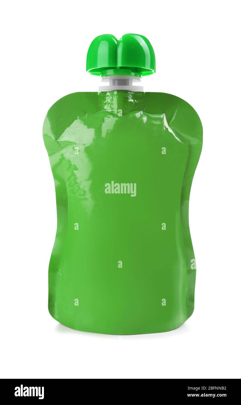 Pouch of baby food on white background. Mockup for design Stock Photo ...