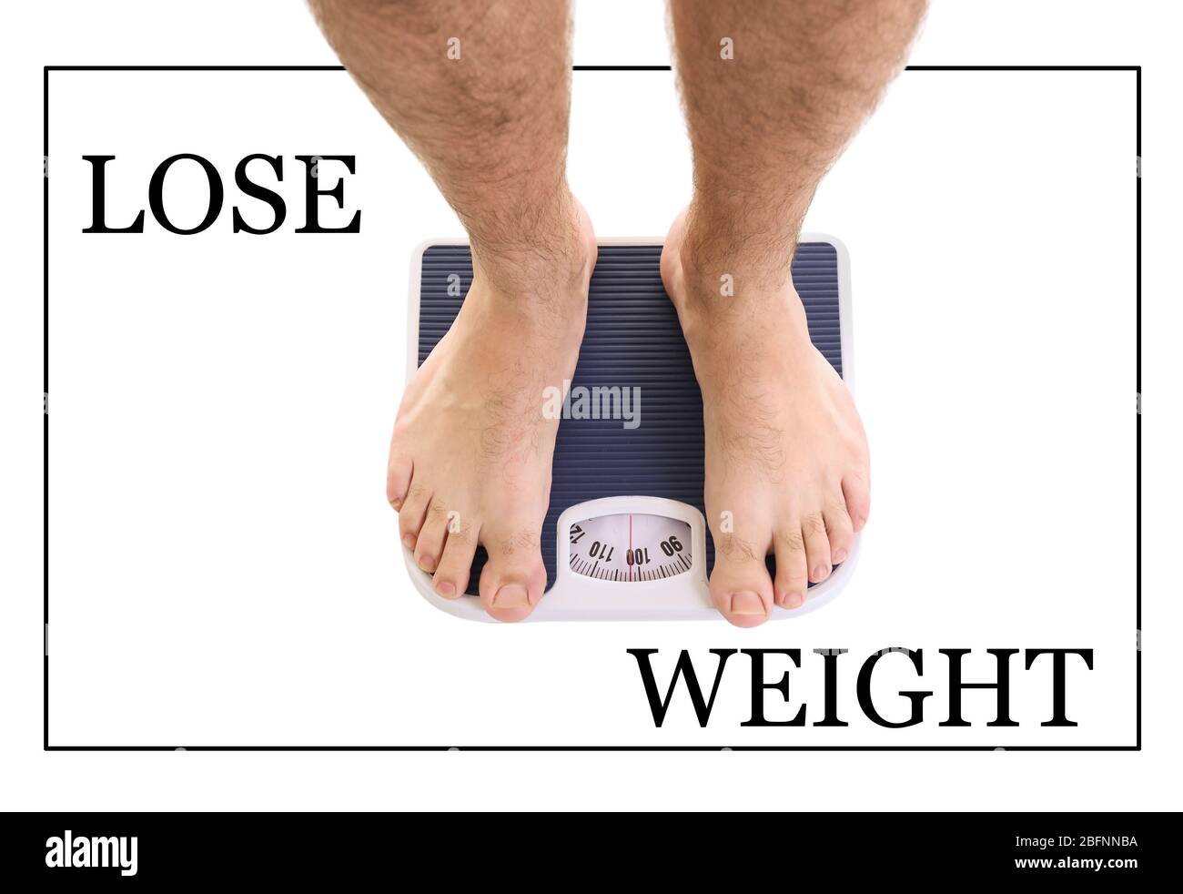 Motivation quote LOSE WEIGHT and overweight man standing on scales ...