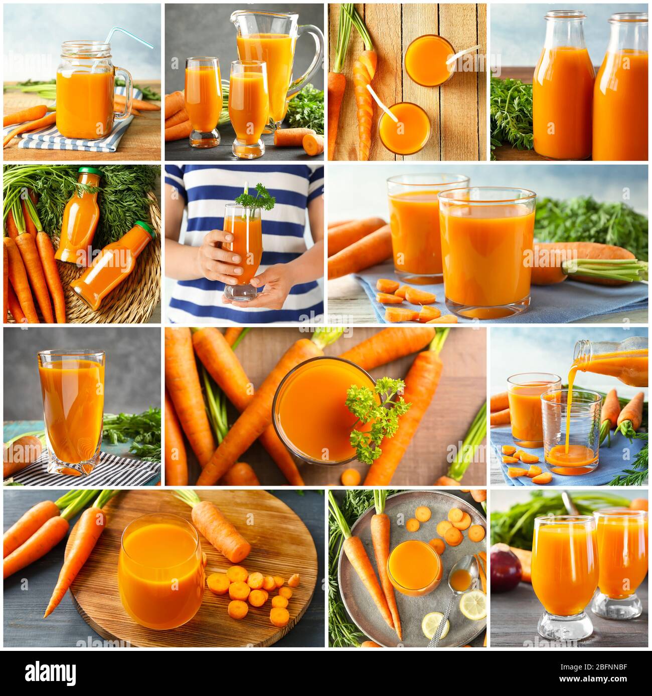 Collage with fresh carrot juice in different glassware Stock Photo - Alamy