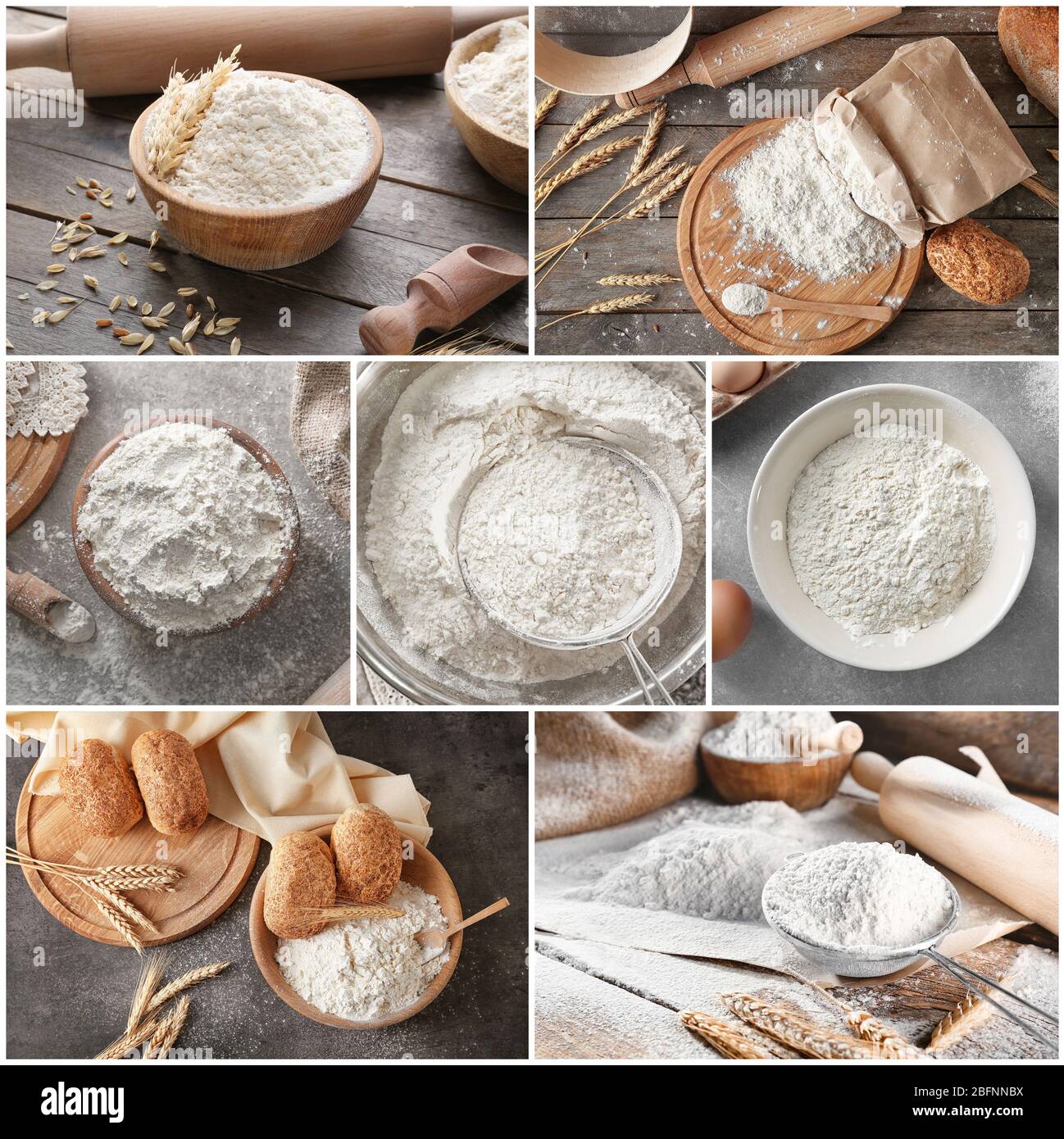 Collage with flour for bakery products Stock Photo - Alamy