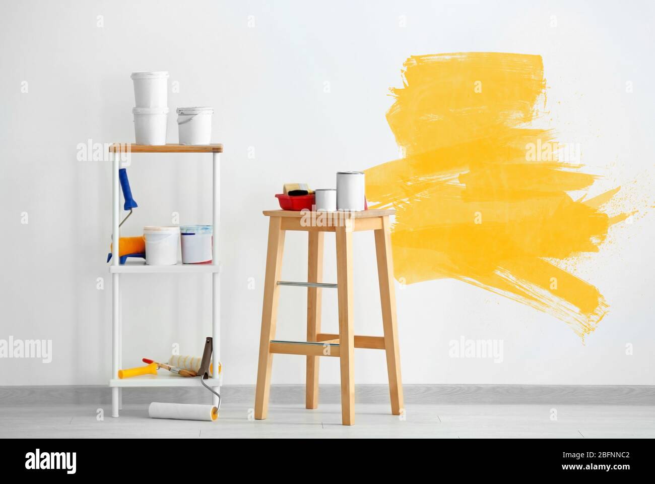Set of decorator's tools for painting wall at home Stock Photo - Alamy