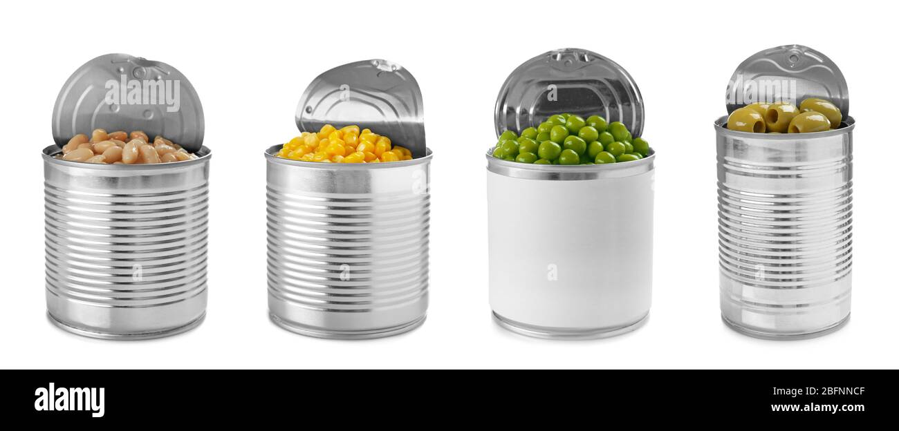 Set of different blank cans with food on white background Stock Photo ...