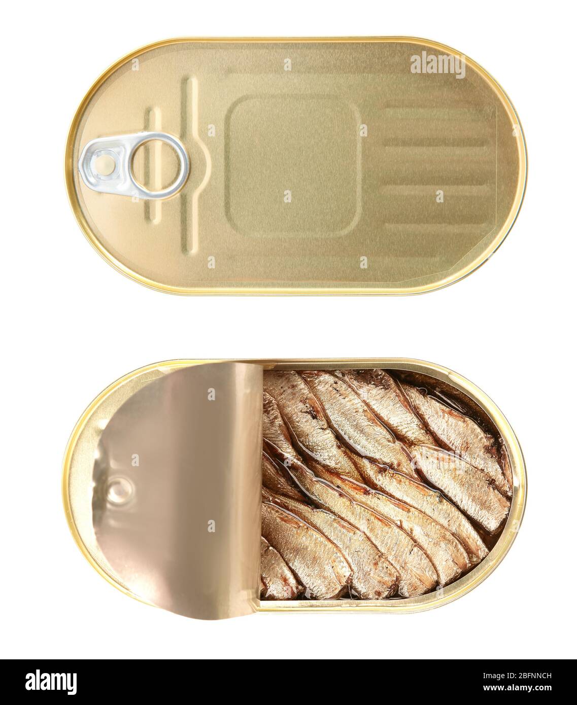 Closed and open tin cans with fish on white background Stock Photo - Alamy