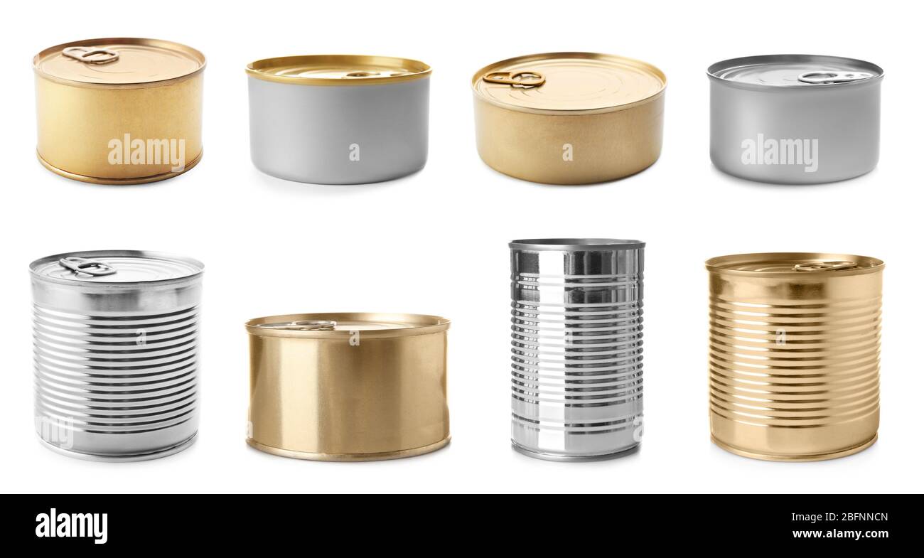 Set of different blank cans on white background Stock Photo - Alamy
