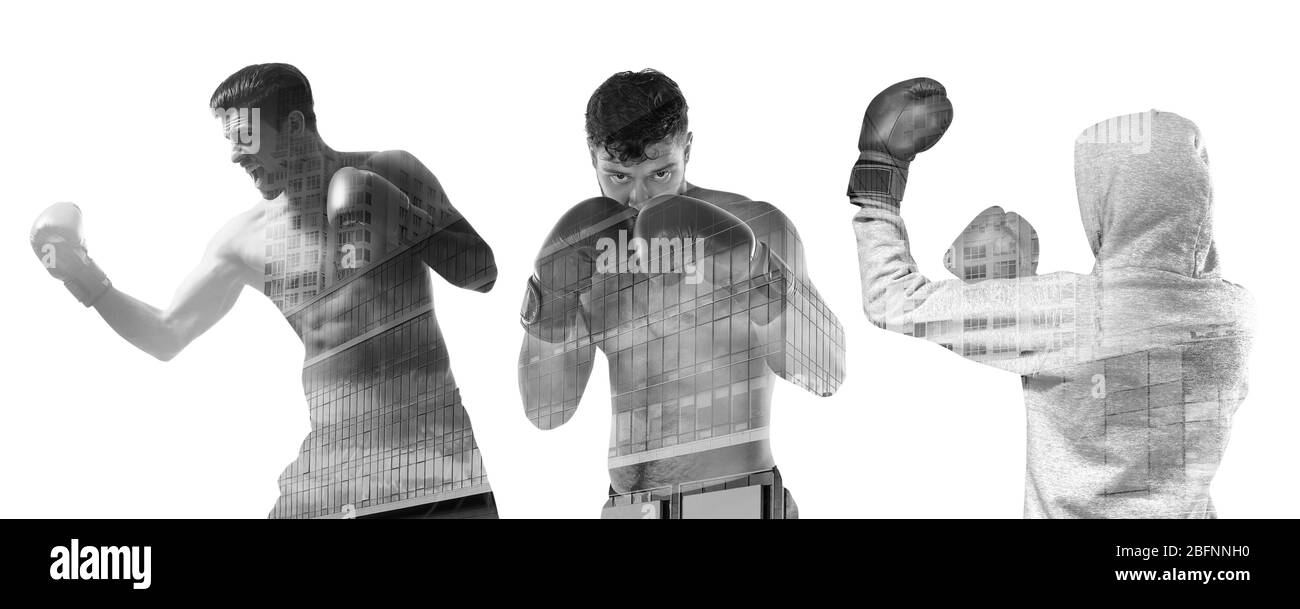 Double exposure of people with boxing gloves and cityscape on white ...
