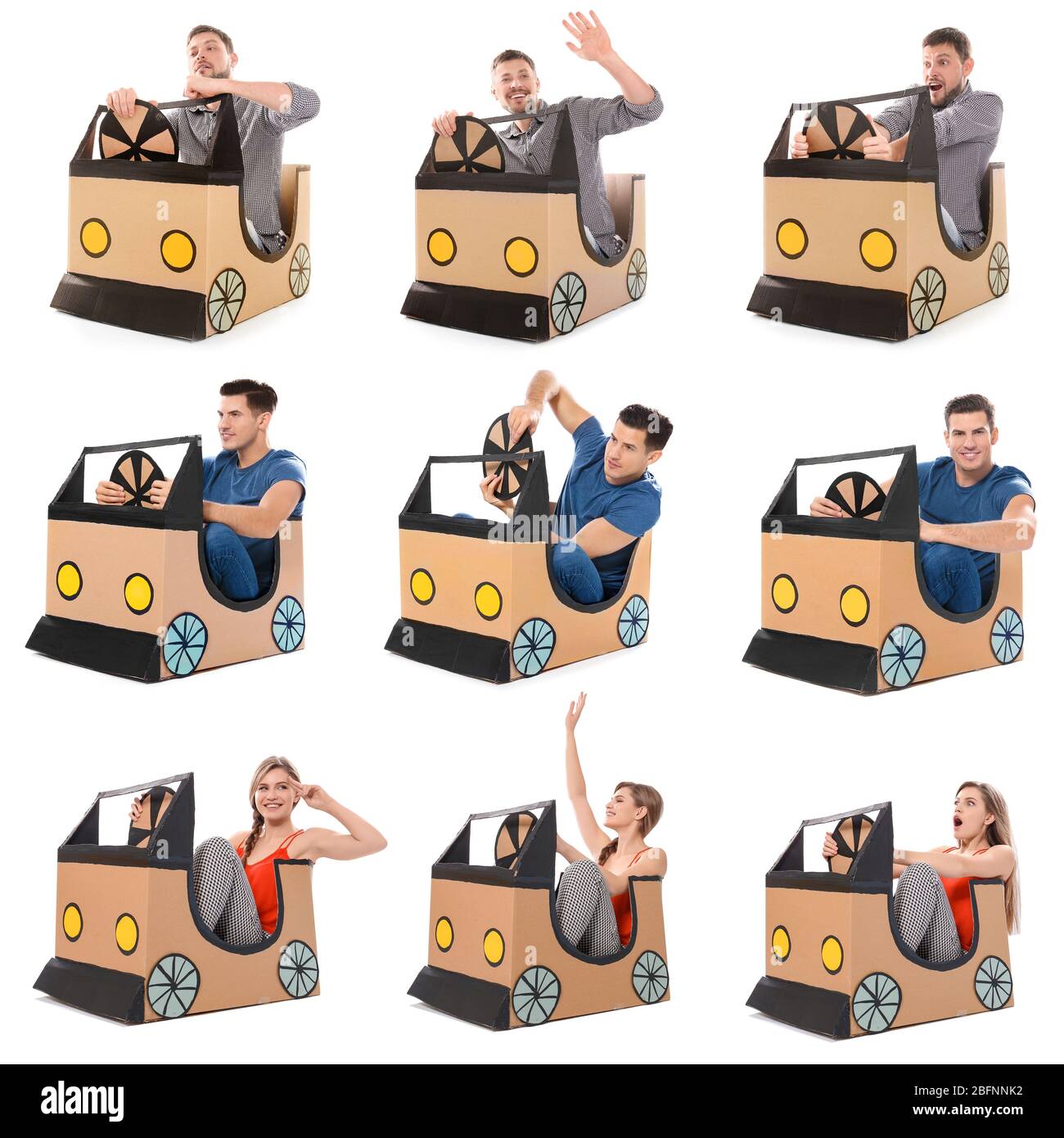 Collage of people playing with cardboard cars on white background ...