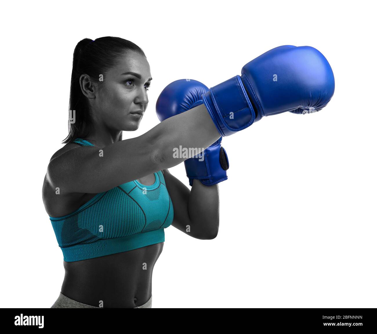 Young woman with boxing gloves on white background Stock Photo - Alamy