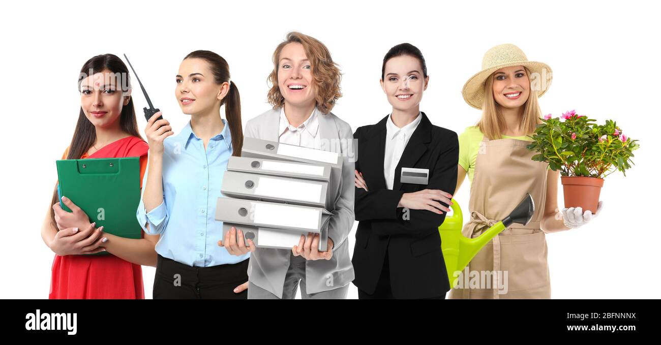 Collage with owners of different small businesses on white background ...