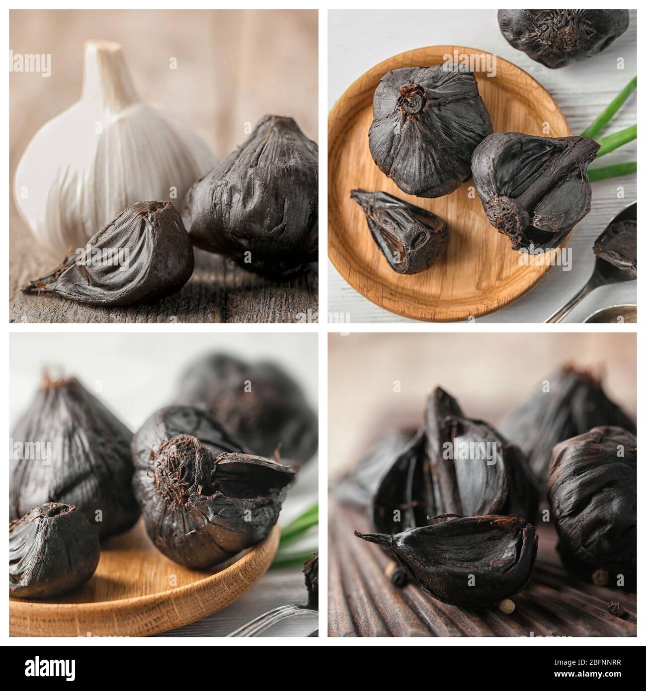 Collage with aromatic black (Allium sativum) and white garlic bulbs ...