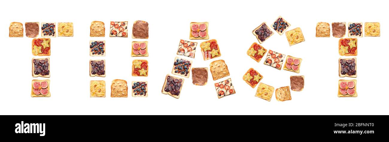 Word TOAST made of bread slices with different toppings on white ...