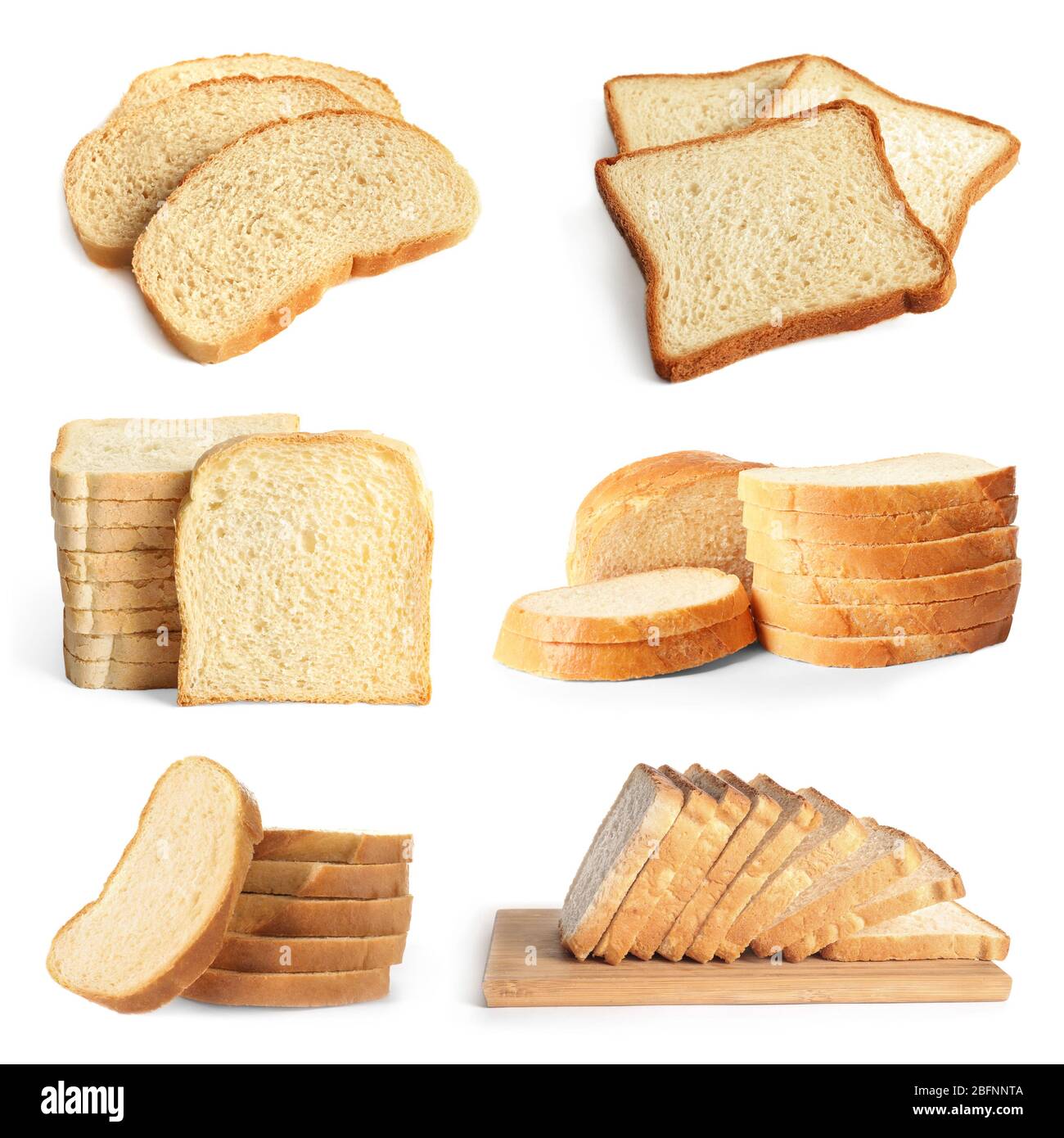 Set with slices of bread for toasting on white background Stock Photo ...
