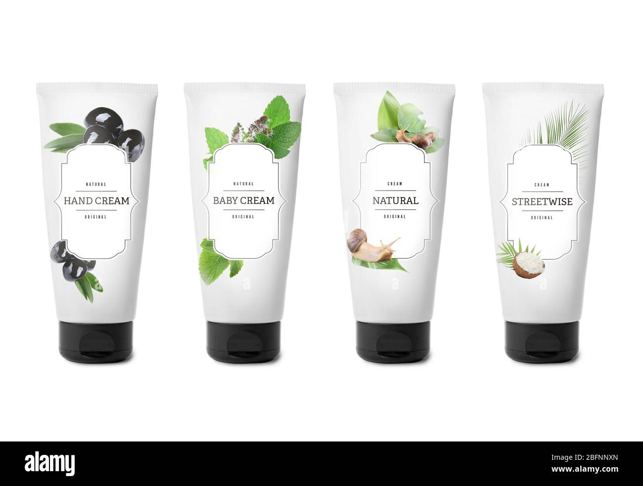 Body cream set with natural extracts on white background Stock Photo ...
