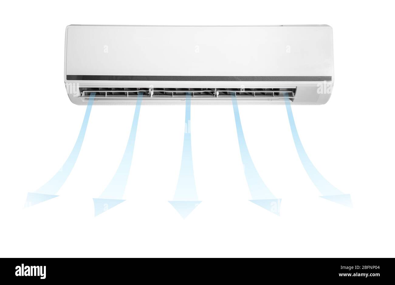Switched on conditioner with flow of cold air on white background Stock ...