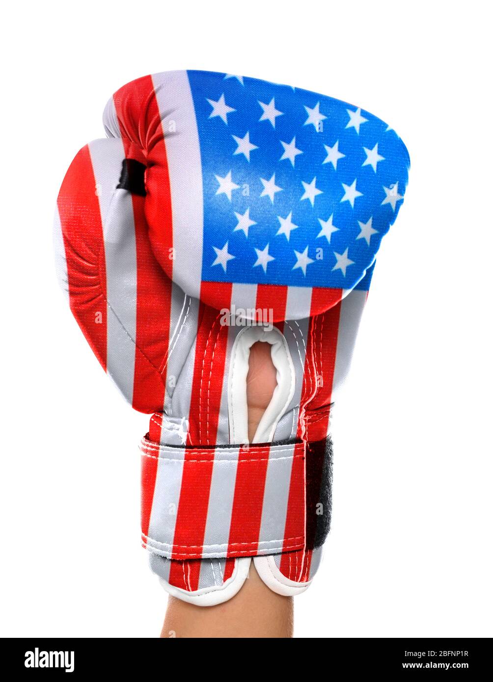 Man wearing boxing glove colored in USA flag on white background ...