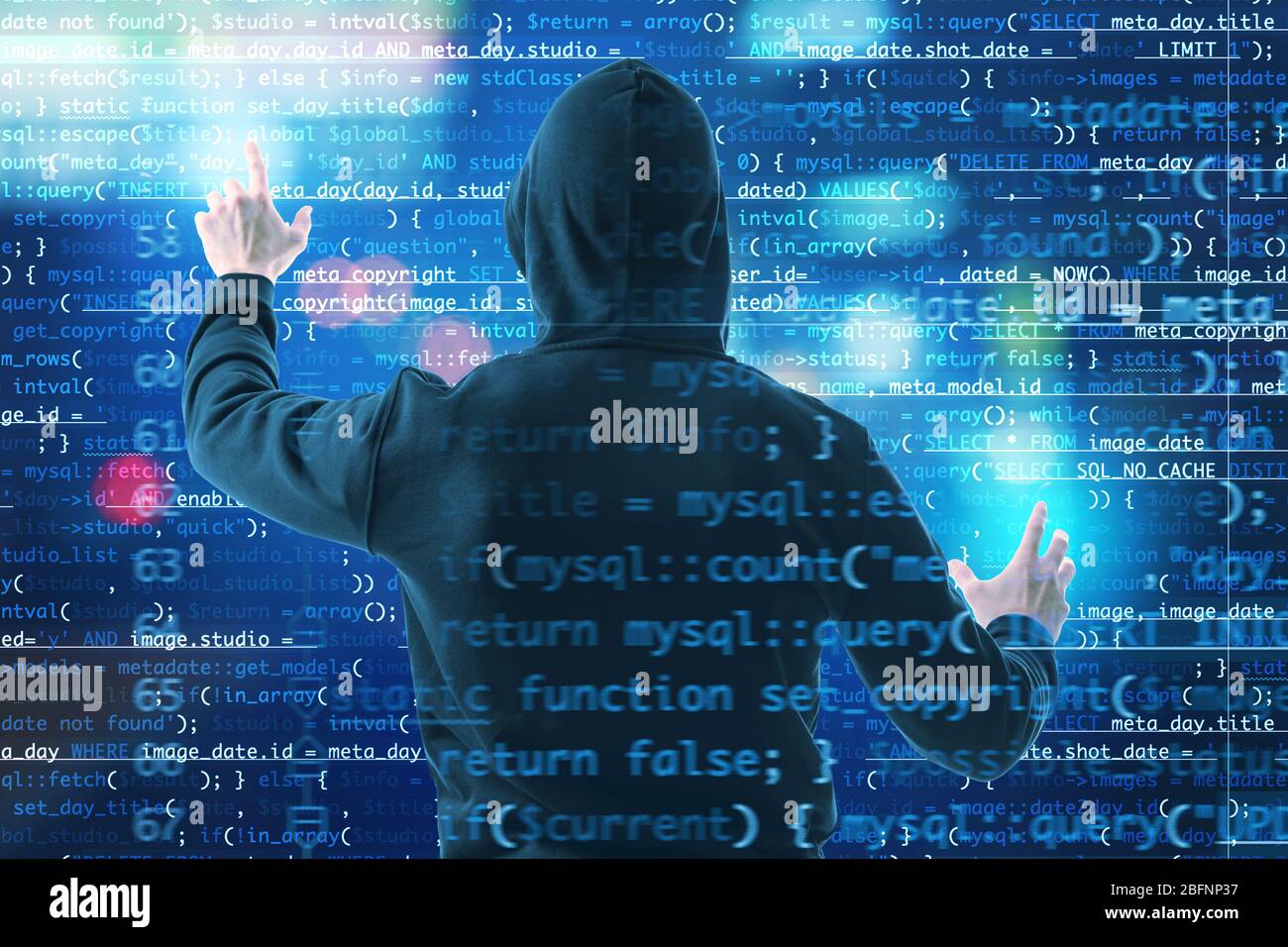 Hacker working with code on virtual screen. Concept of cyber attack and ...