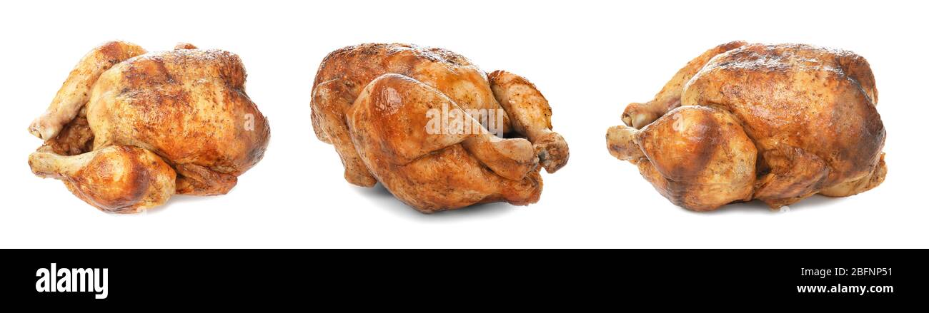 Set of whole roasted chickens on white background Stock Photo - Alamy