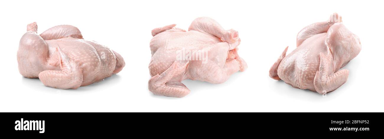 Set of whole raw chickens on white background Stock Photo - Alamy