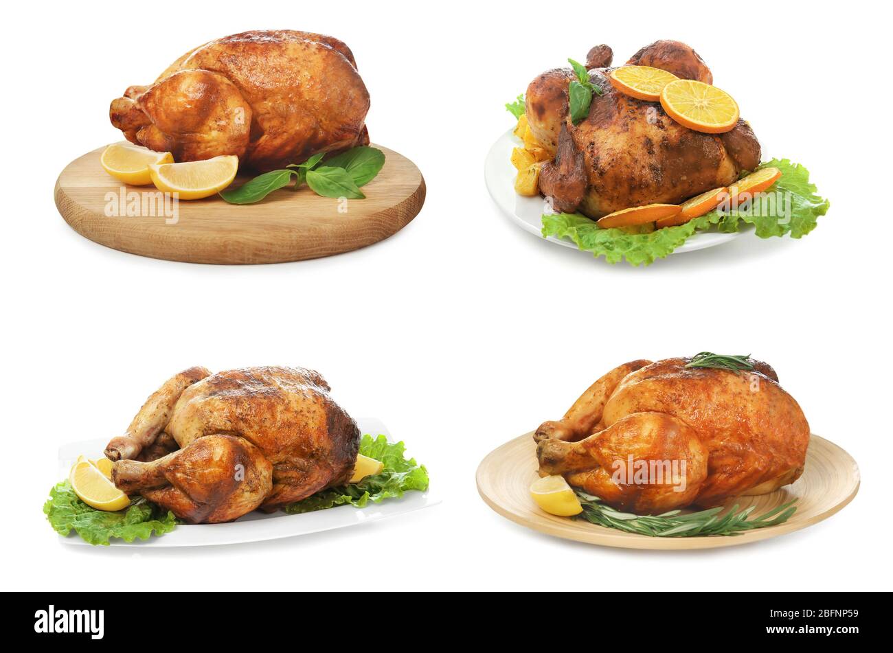 Set of whole roasted chickens on white background Stock Photo - Alamy