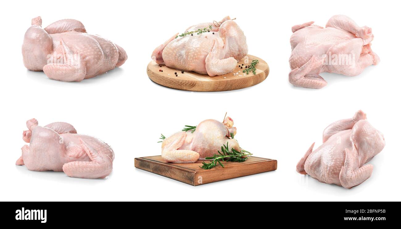 Set of whole raw chickens on white background Stock Photo - Alamy