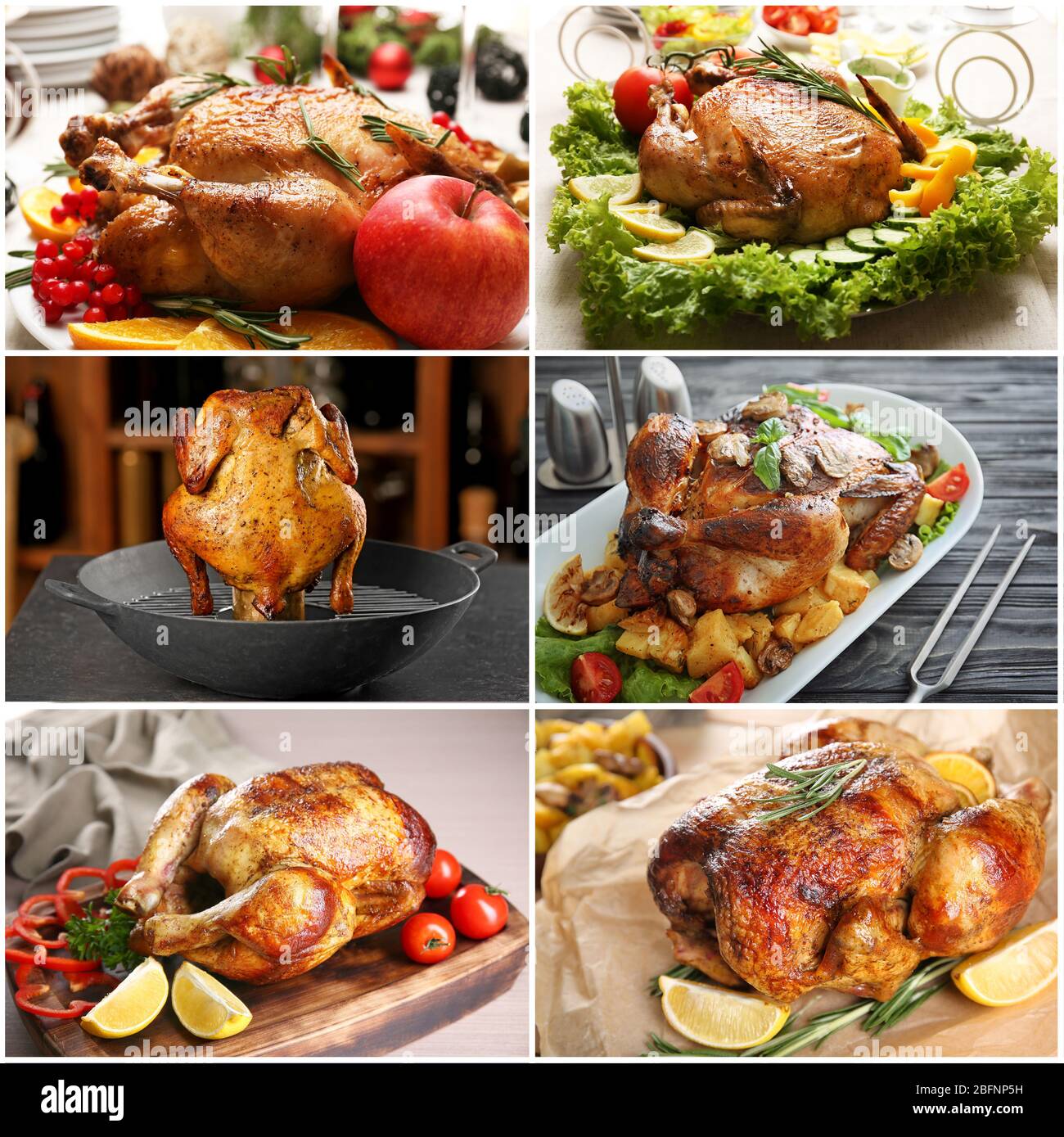 Set with different whole roasted chickens Stock Photo - Alamy