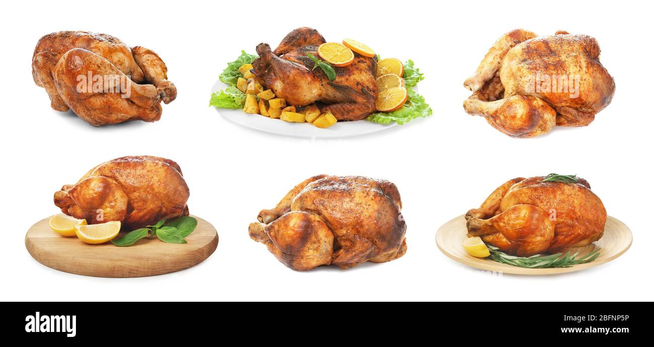 Set of whole roasted chickens on white background Stock Photo - Alamy