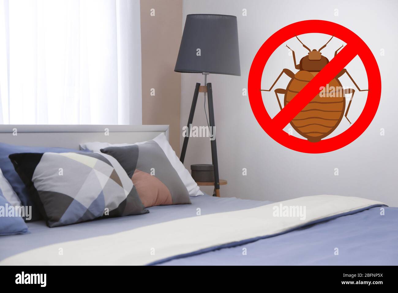 Stop bug sign and clean bed in room Stock Photo - Alamy