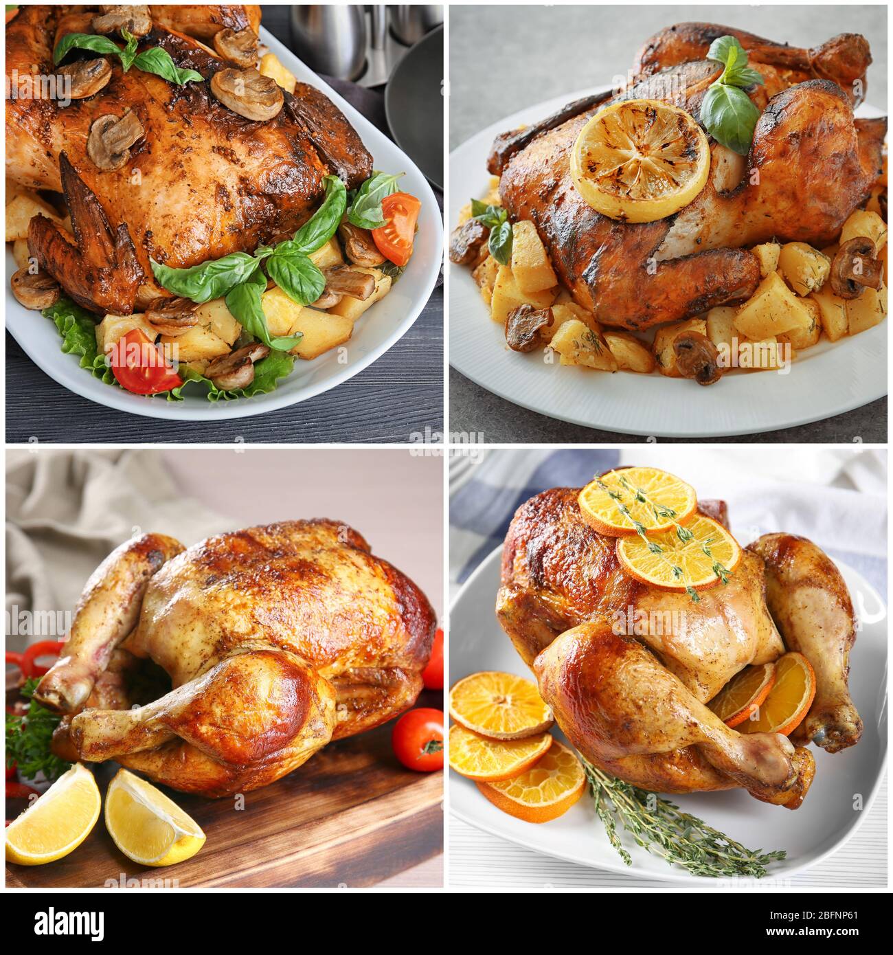 Set with different whole roasted chickens Stock Photo - Alamy