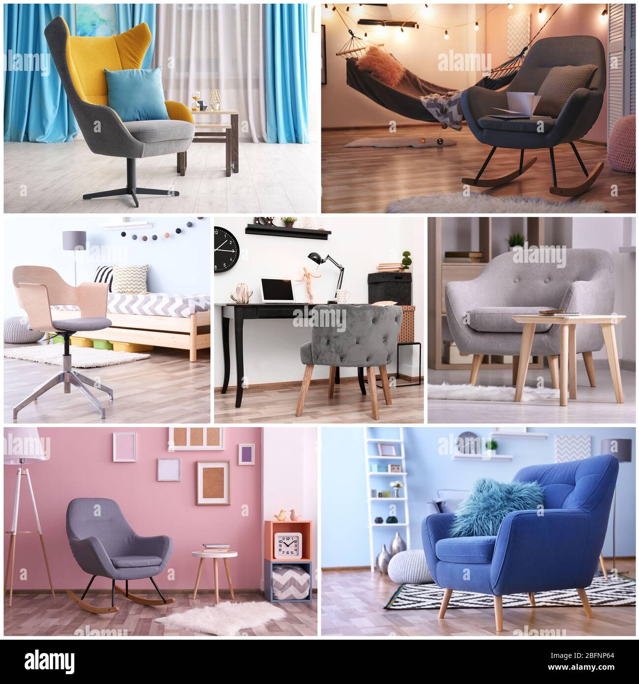 Collage with stylish and comfortable armchairs in different room ...