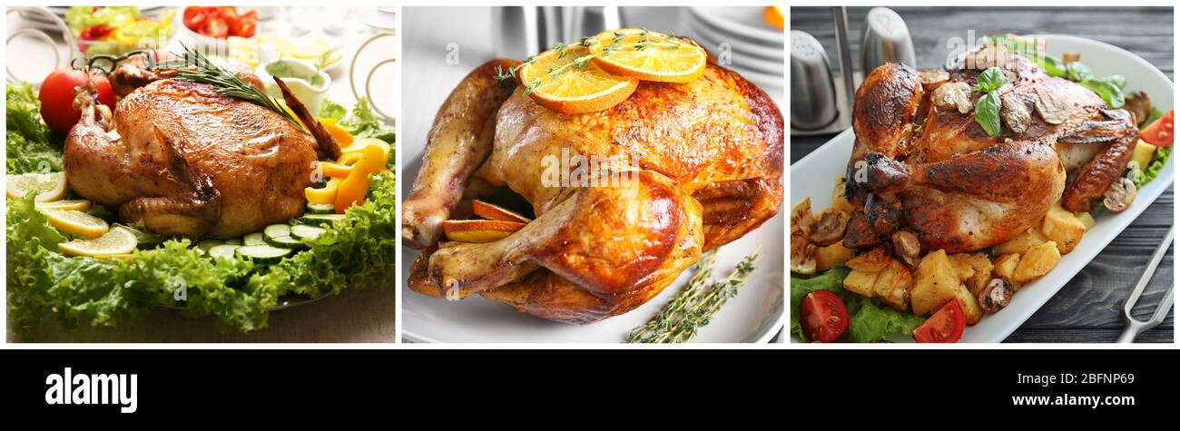 Set with different whole roasted chickens Stock Photo - Alamy