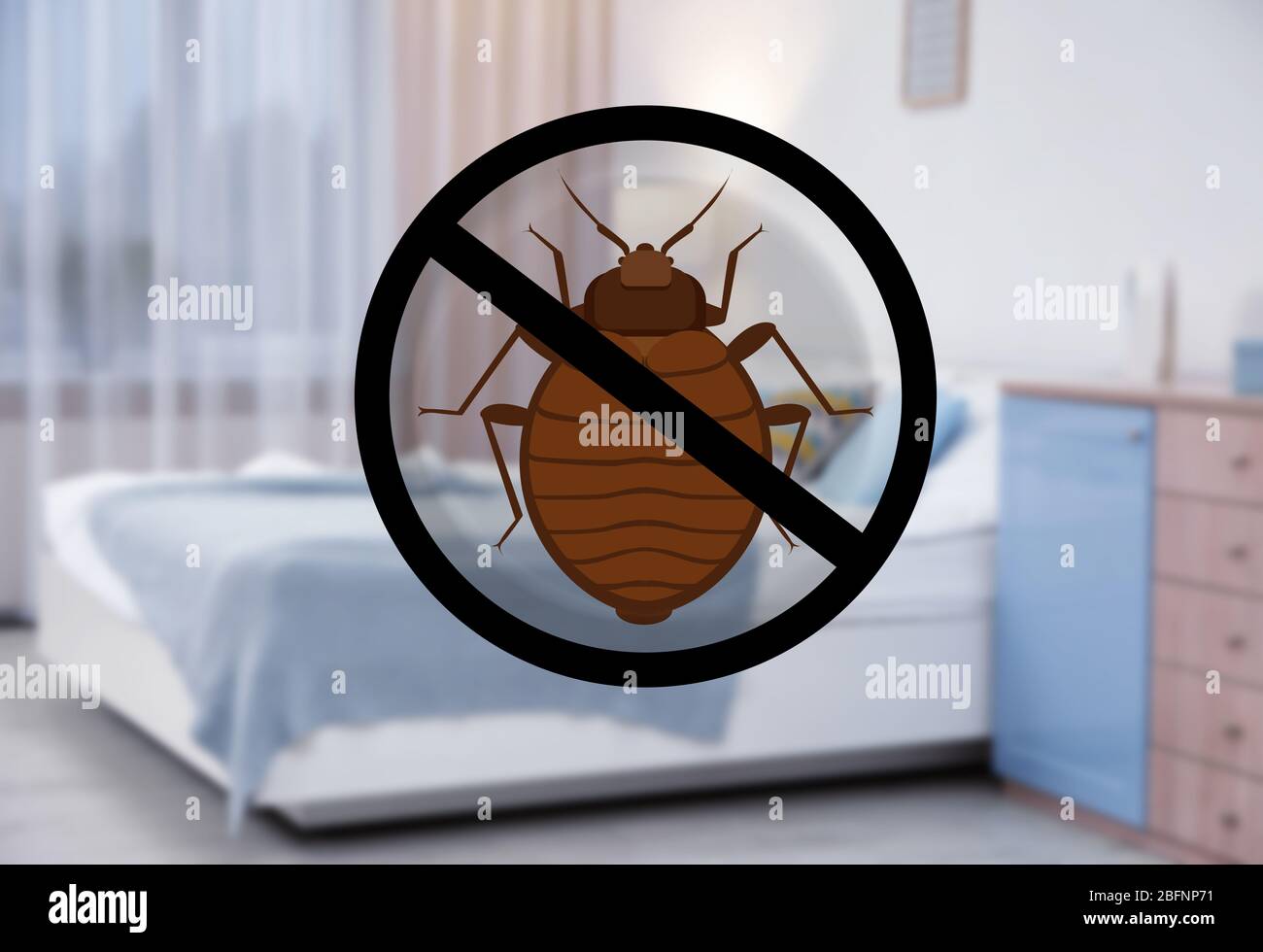 Stop bug sign and clean bed in room Stock Photo - Alamy