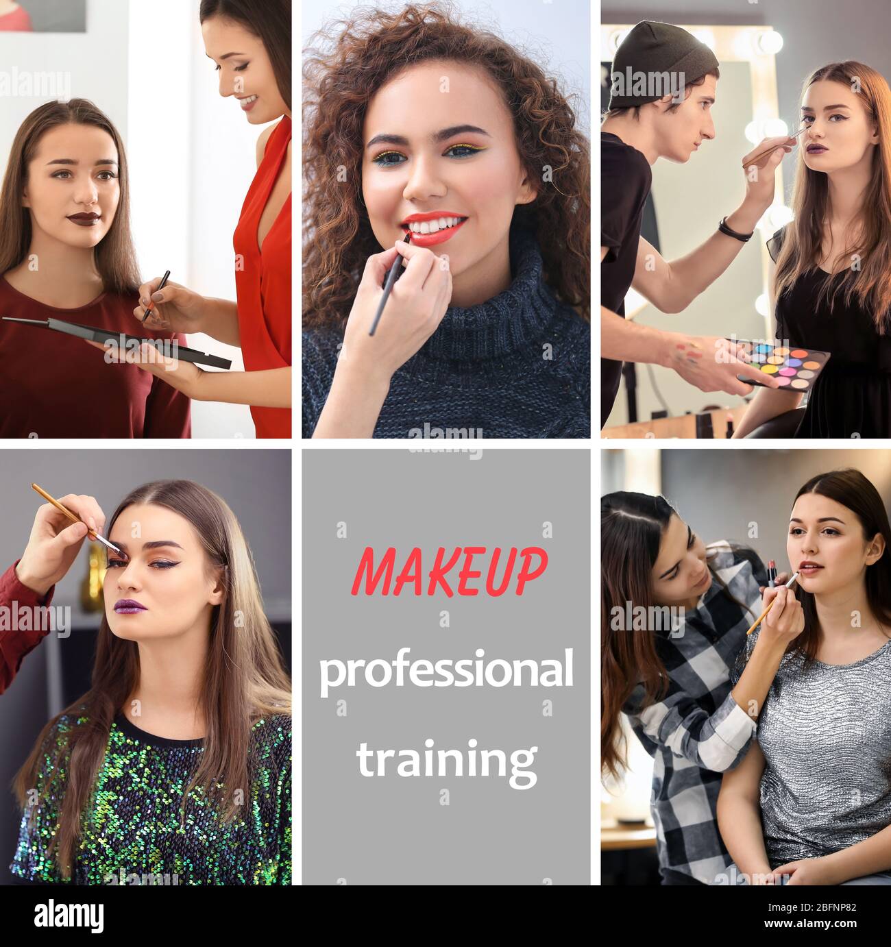 Collage with people at training for professional makeup artist Stock ...