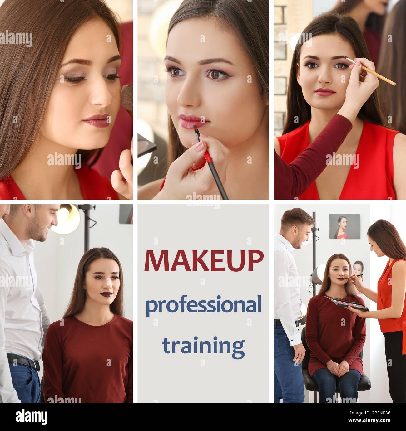 Collage with people at training for professional makeup artist Stock ...