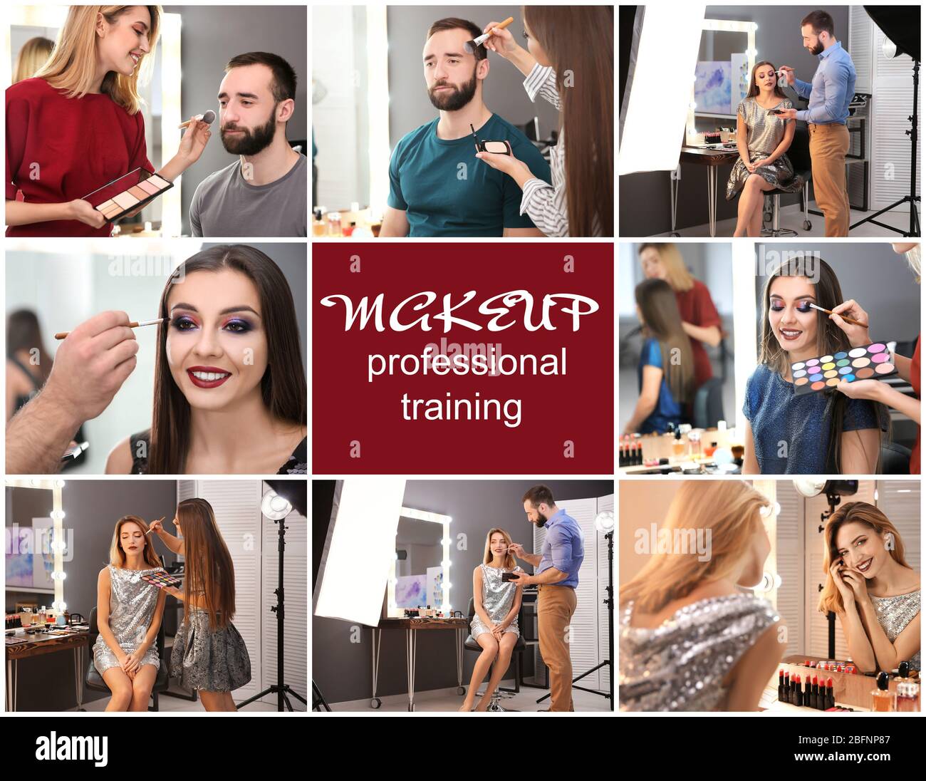 Collage with people at training for professional makeup artist Stock ...