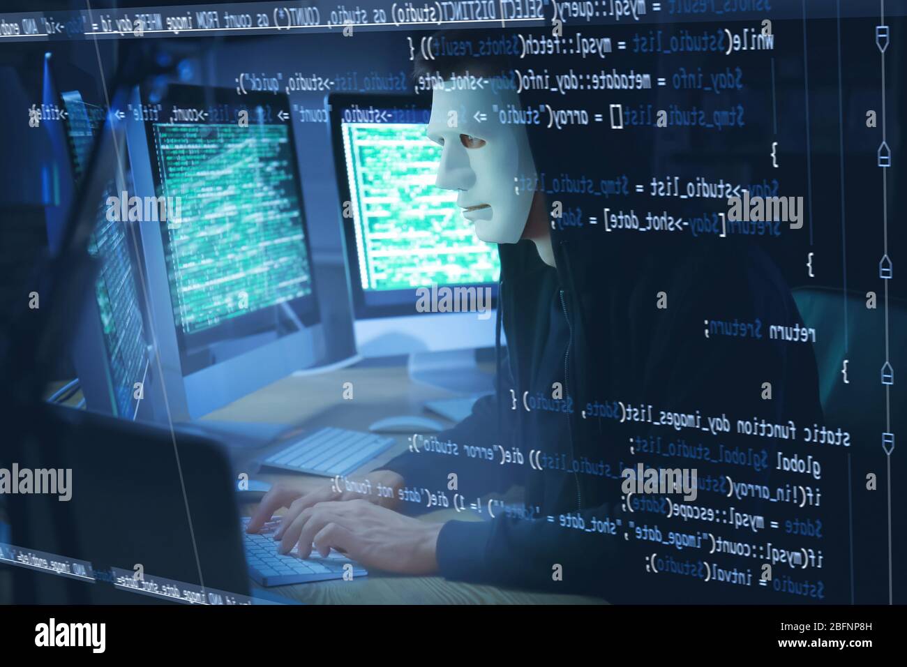 Hacker in mask using computer in darkness. Concept of cyber attack and ...