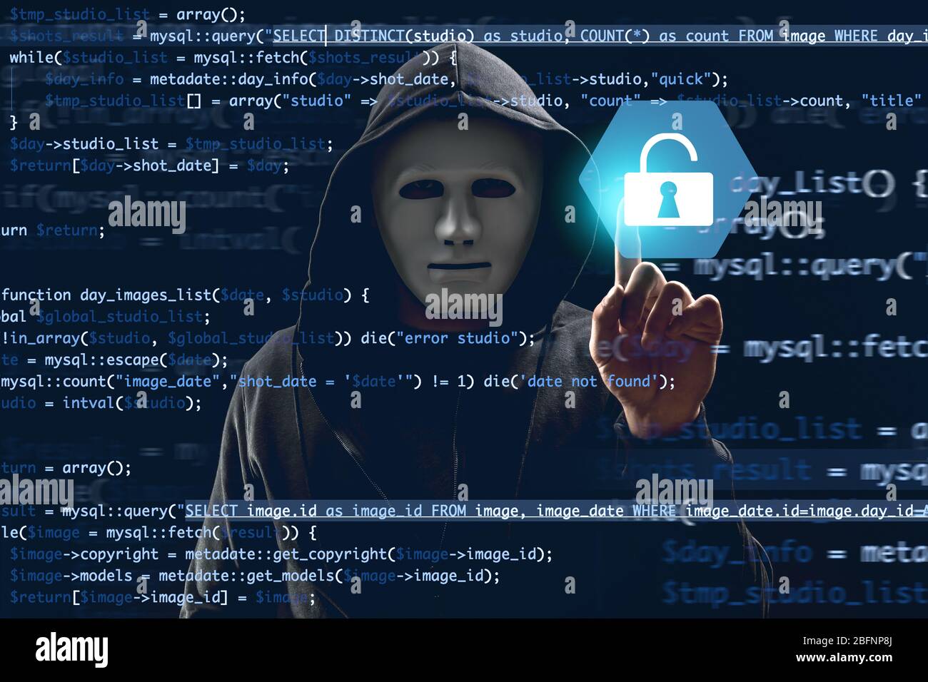 Hacker pushing button on virtual screen against dark background ...