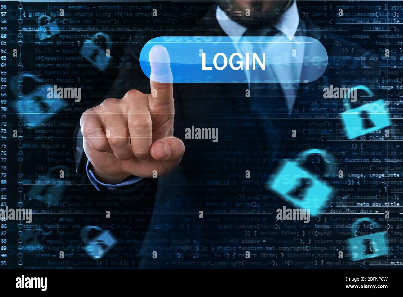 Businessman pushing login button on virtual screen against dark ...