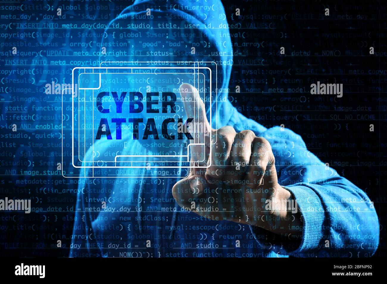 Hacker pushing button CYBER ATTACK on virtual screen against dark ...