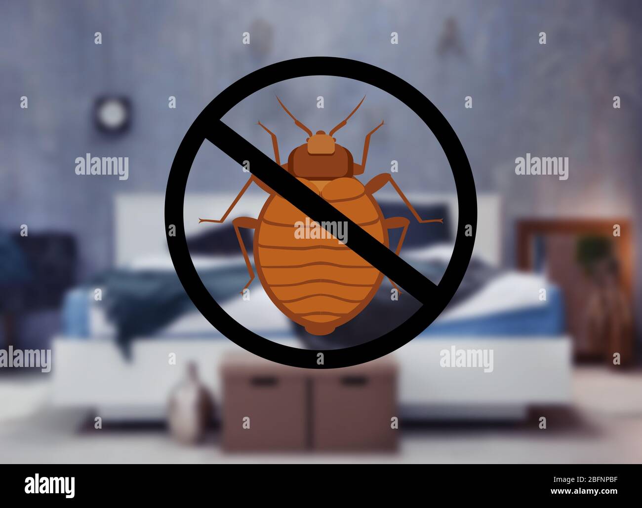 Stop bug sign and clean bed in room Stock Photo - Alamy
