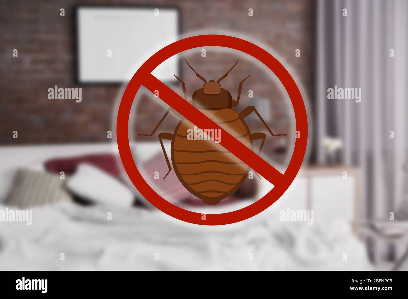 Stop bug sign and clean bed in room Stock Photo - Alamy