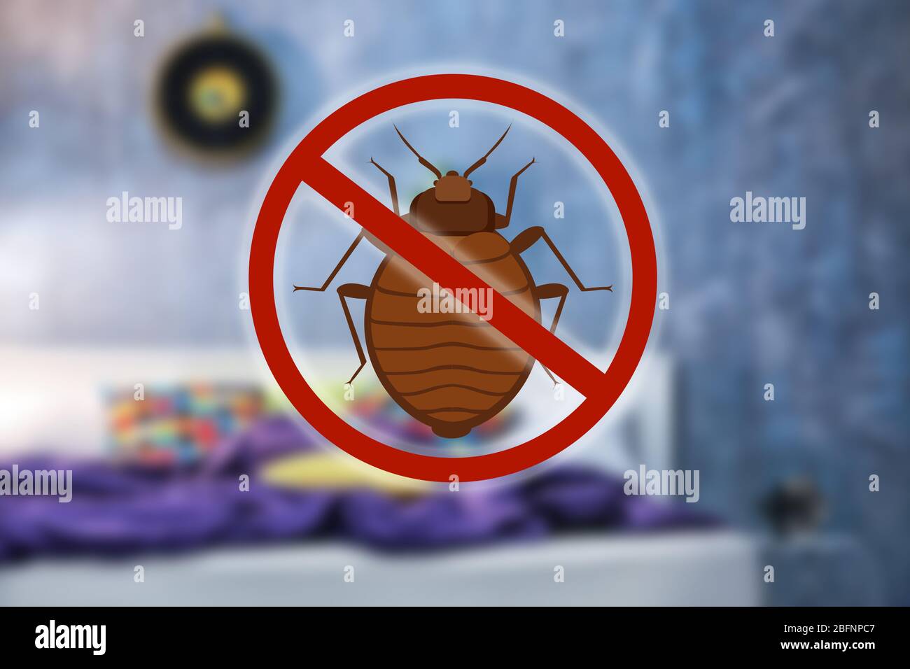 Stop bug sign and clean bed in room Stock Photo - Alamy