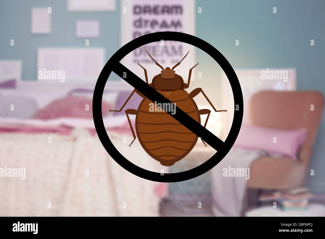 Stop bug sign and clean bed in room Stock Photo - Alamy